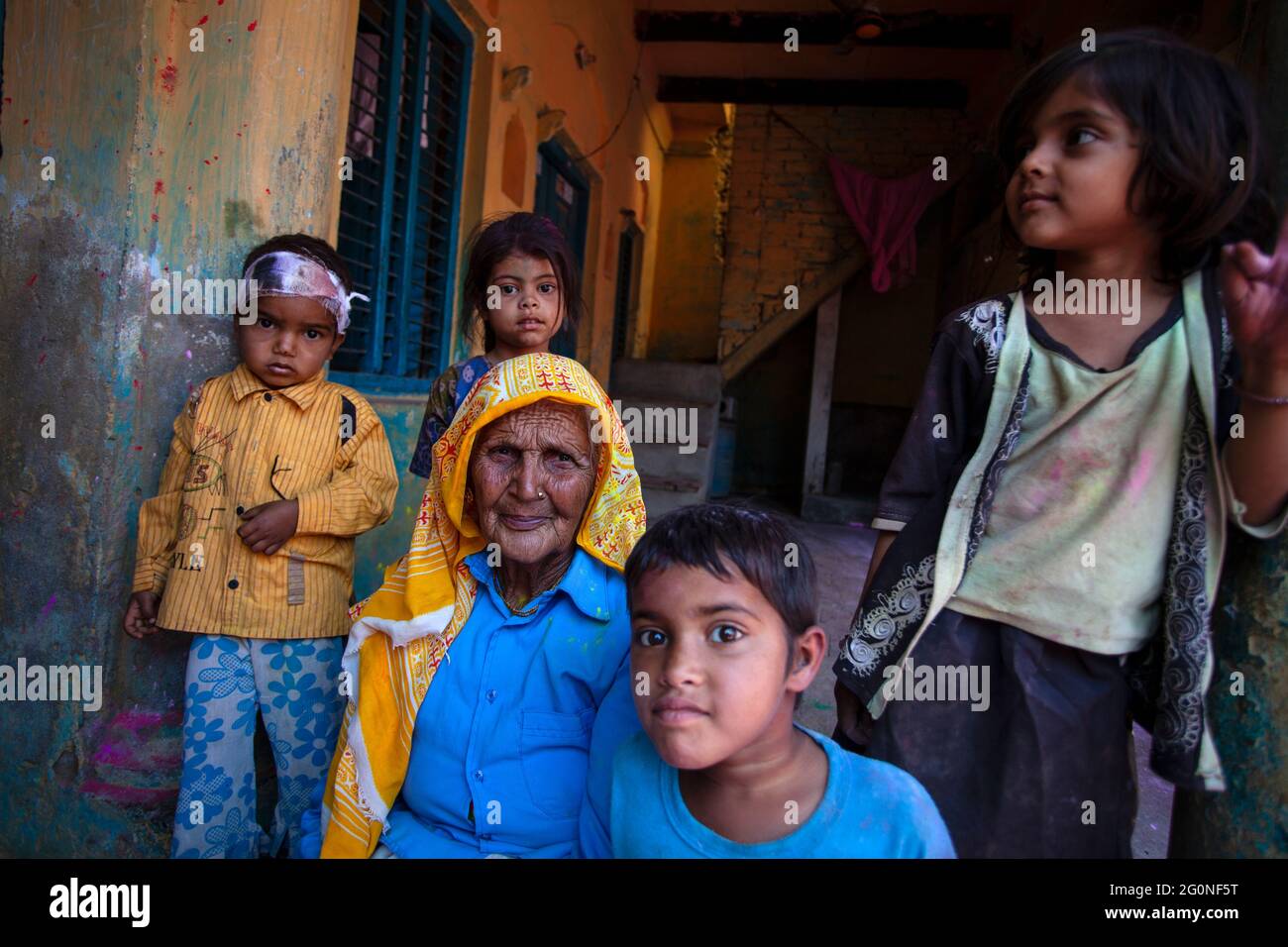 Indian ethnic family with aged woman and little children Stock Photo ...