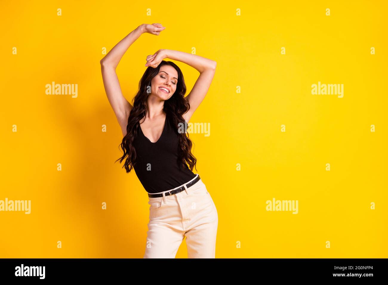 Photo of young attractive girl happy positive smile enjoy music dance ...