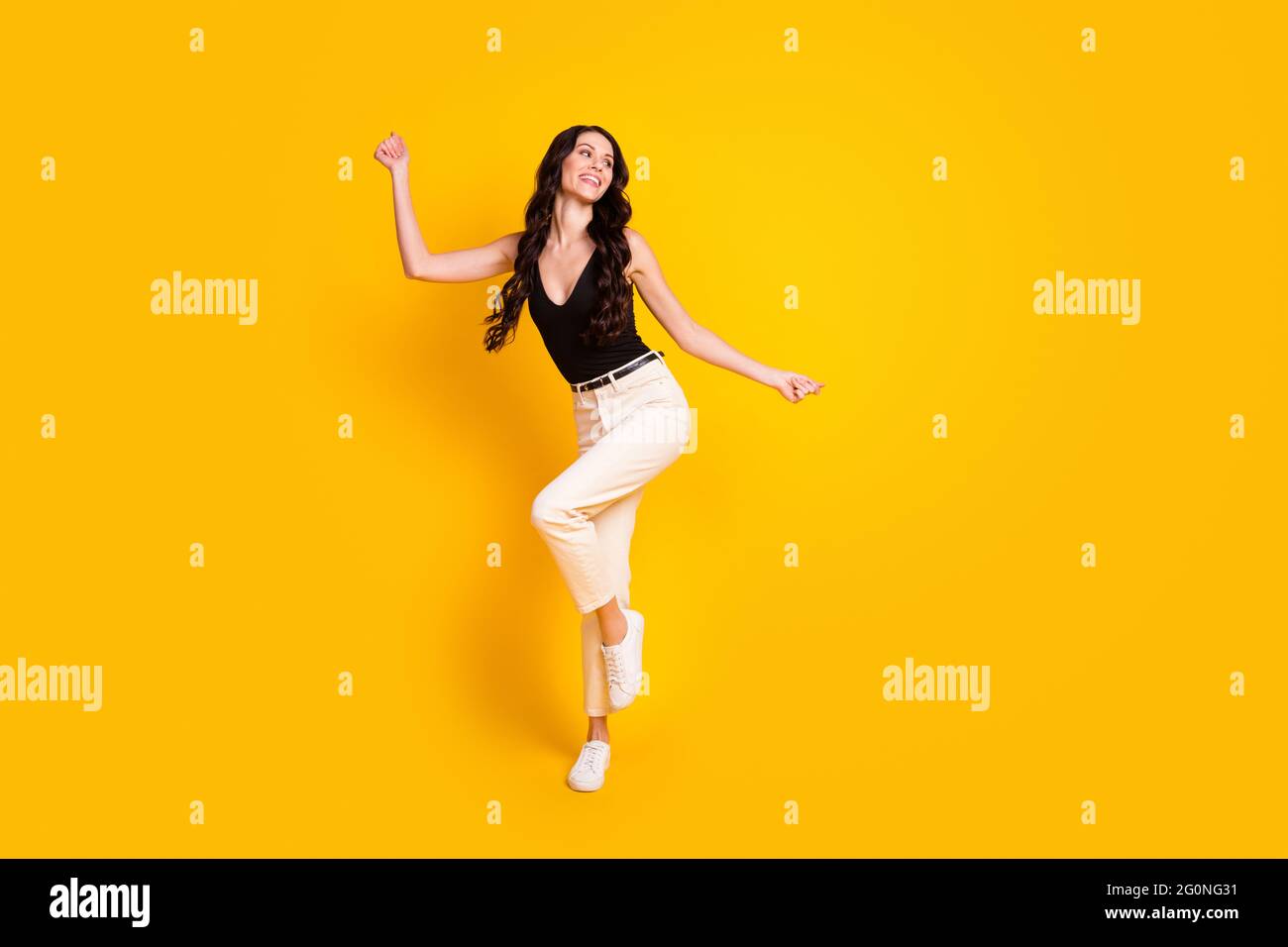 Full size photo of young cheerful girl happy positive smile have fun ...