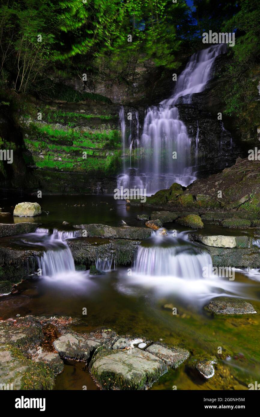 Scaleber Force waterfall illuminated by torch. It is located just ...