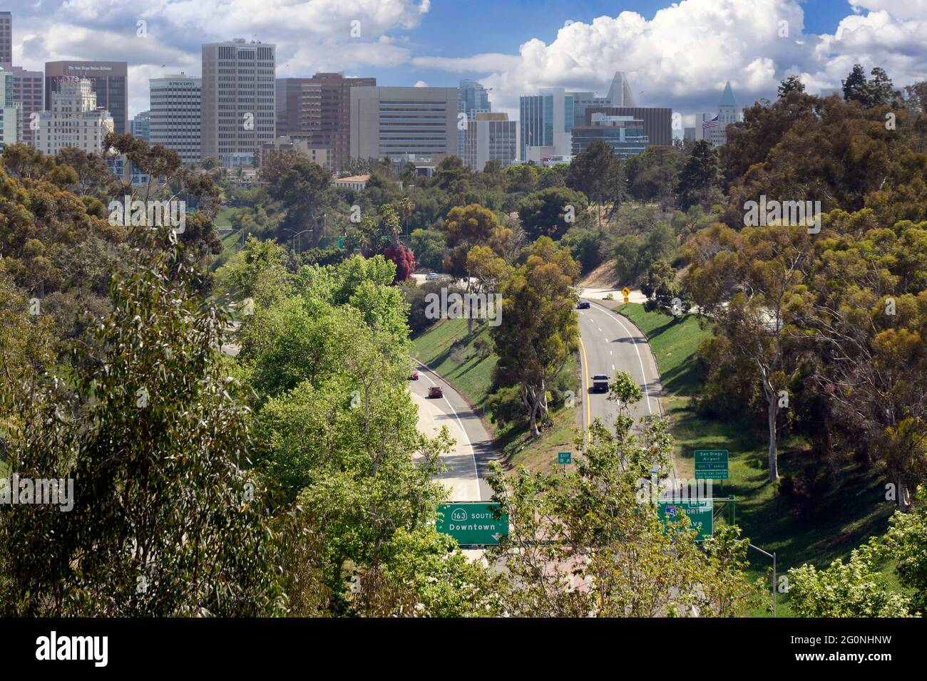 View of downtown San Diego city from the Cabrillo Bridge at Balboa Park ...