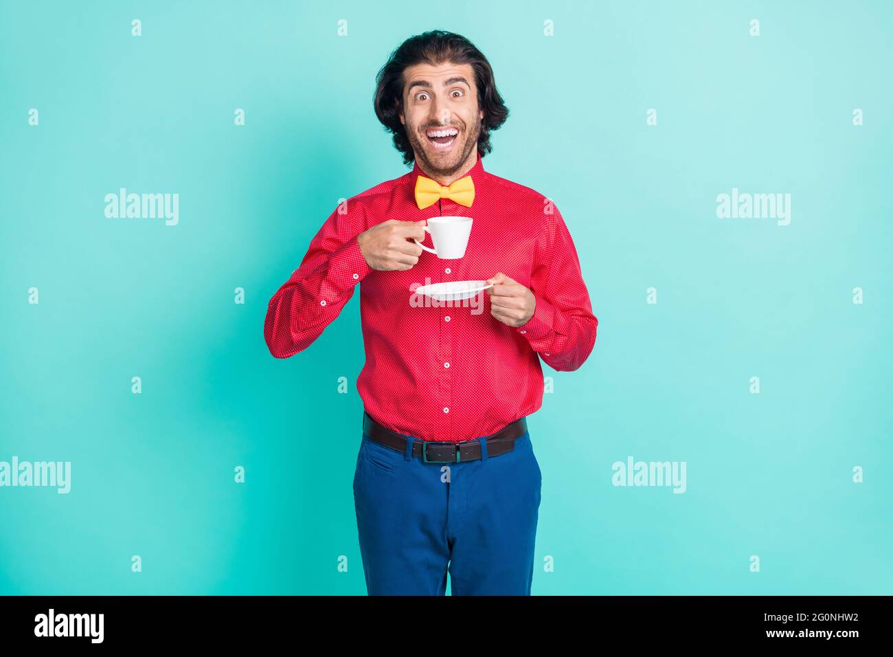 Photo of young funky funny smiling excited gentleman drinking tea ...