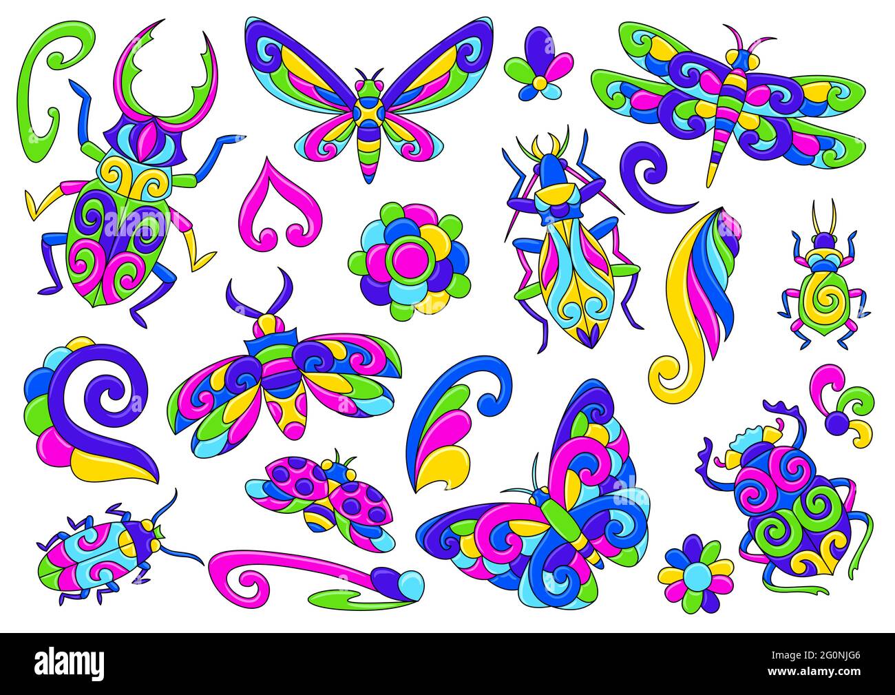 Set of decorative stylized bugs and insects. Mexican ceramic cute naive ...