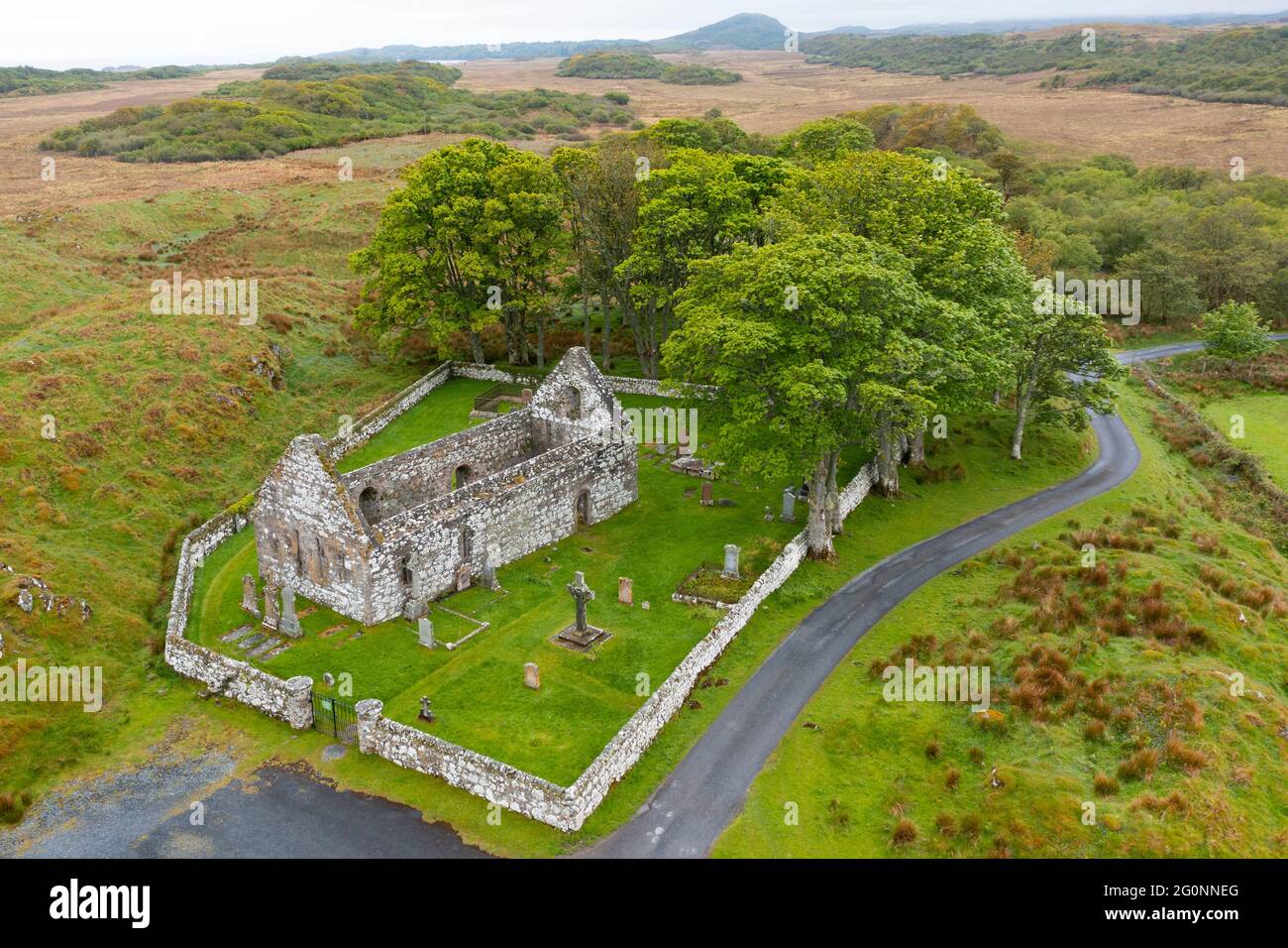 Aerial view of Kildalton Old Parish Church and churchyard containing ...