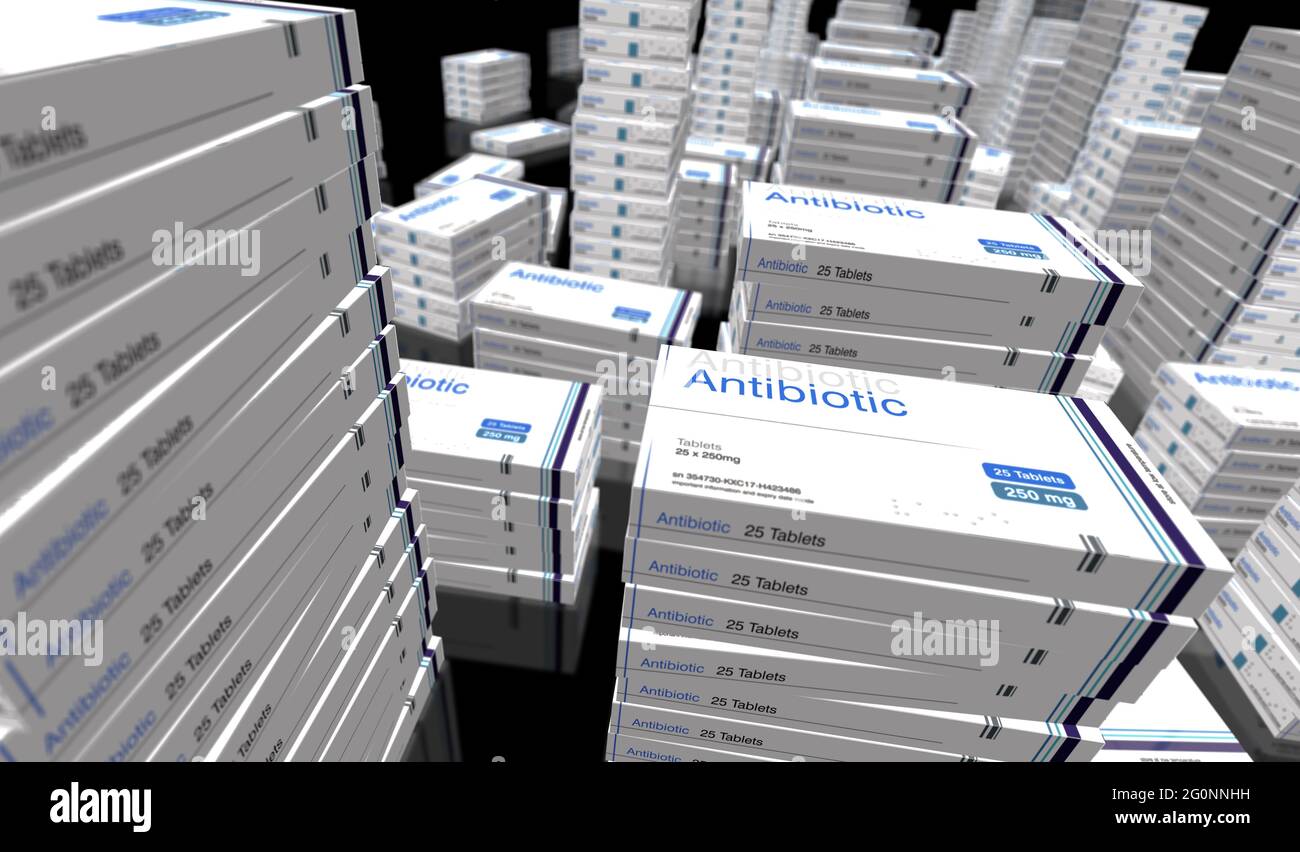 Antibiotic pack production line. Medical therapy drug box factory ...