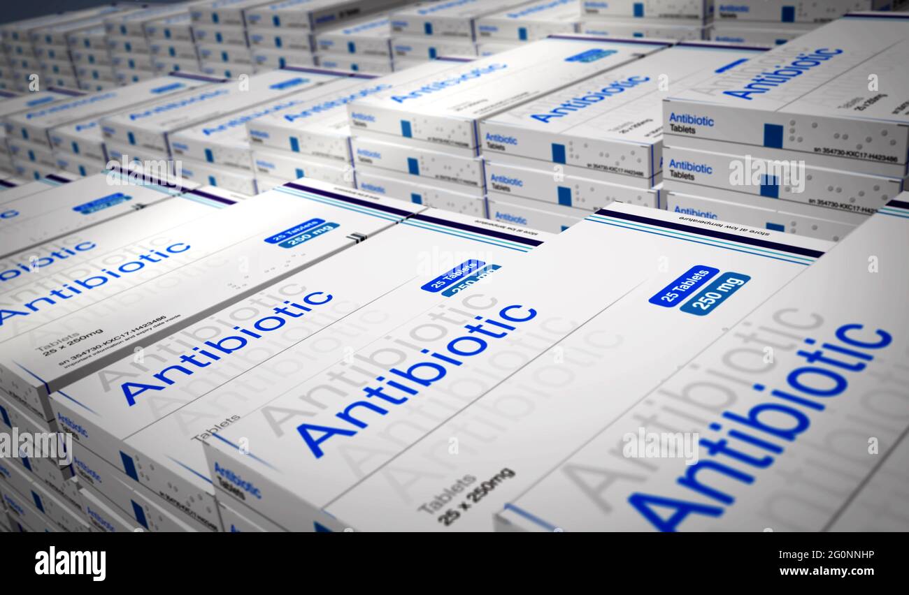 Antibiotic pack production line. Medical therapy drug box factory ...