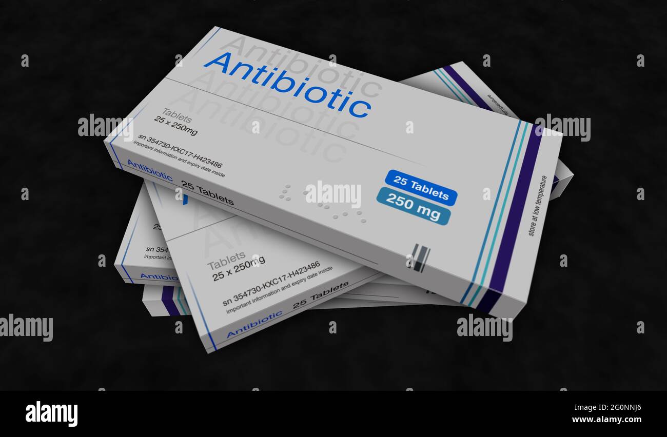 Antibiotic pack production line. Medical therapy drug box factory ...