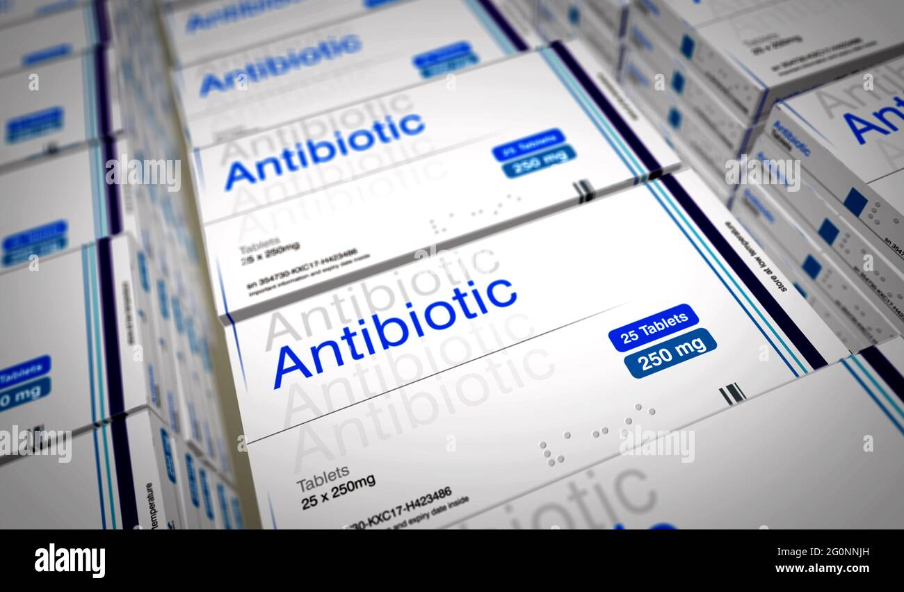 Antibiotic pack production line. Medical therapy drug box factory ...