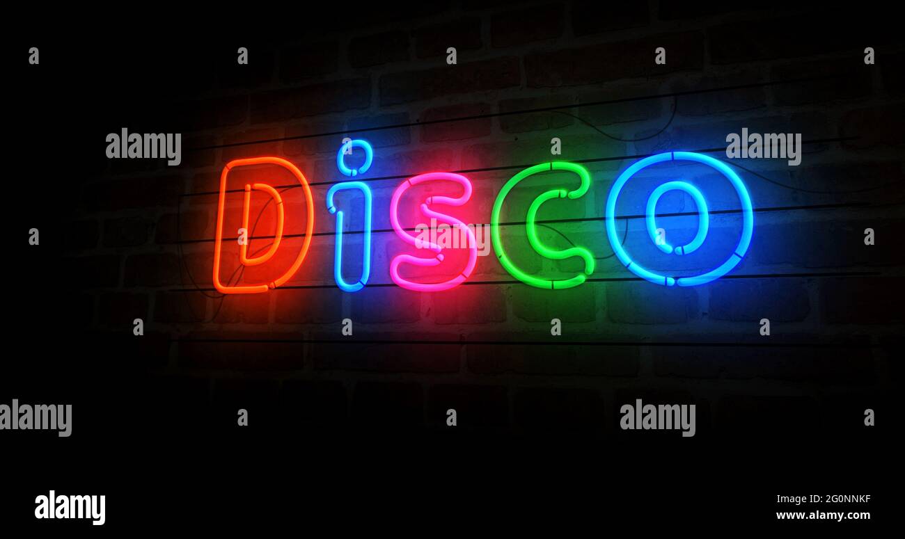Disco symbol neon symbol. Light color bulbs with retro nightlife city ...