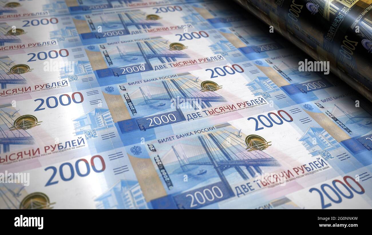 Russian Ruble money printing 3d illustration. 2000 RUB banknote ...