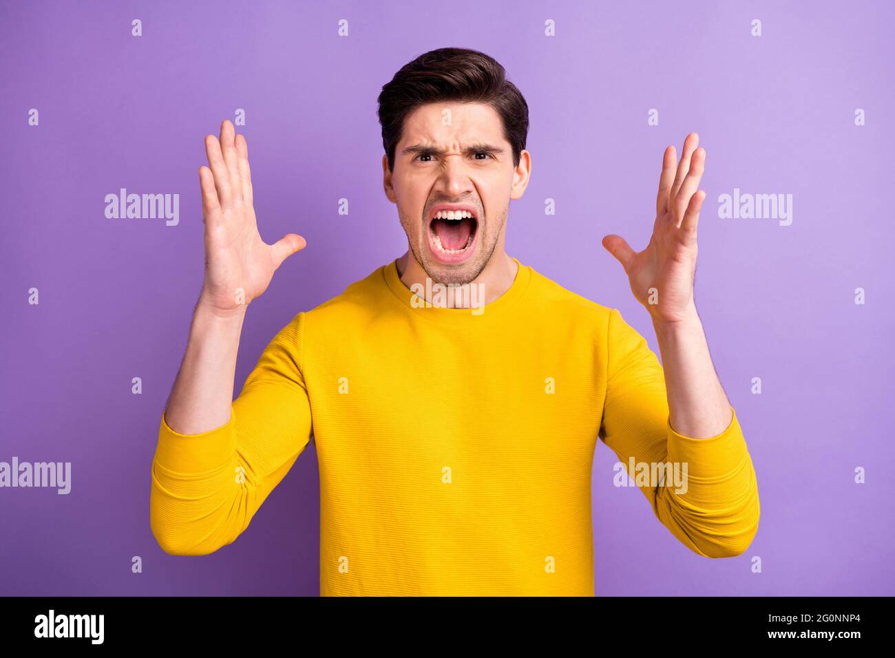 Photo of young man unhappy sad upset yell scream angry accuse conflict ...