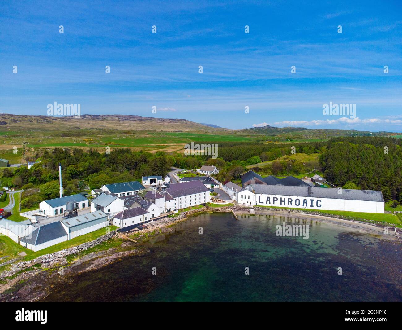 Aerial view from drone of Laphroaig scotch whisky distillery at ...