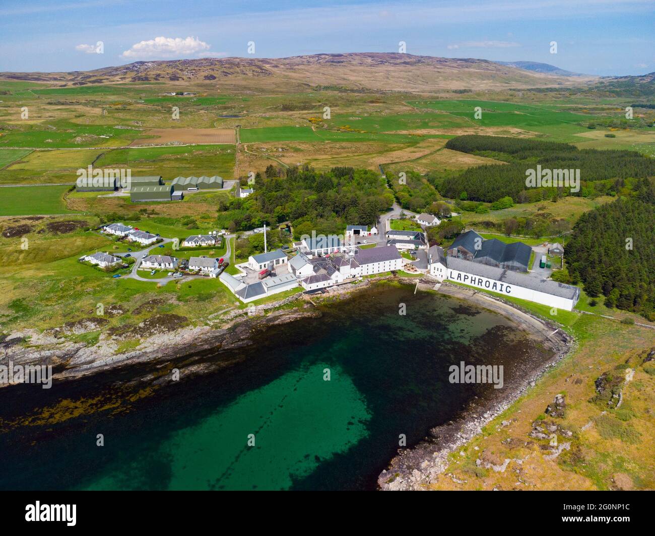 Aerial view from drone of Laphroaig scotch whisky distillery at ...
