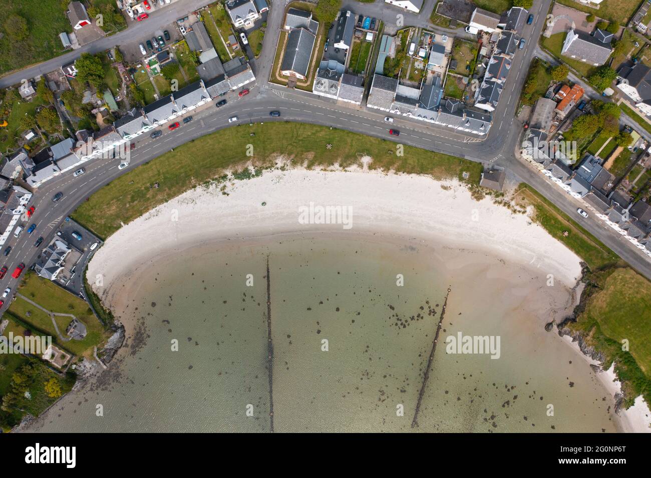 Aerial view of village of Port Ellen on Islay in Inner Hebrides ...