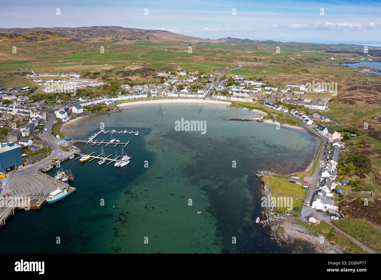 Aerial view of village of Port Ellen on Islay in Inner Hebrides ...