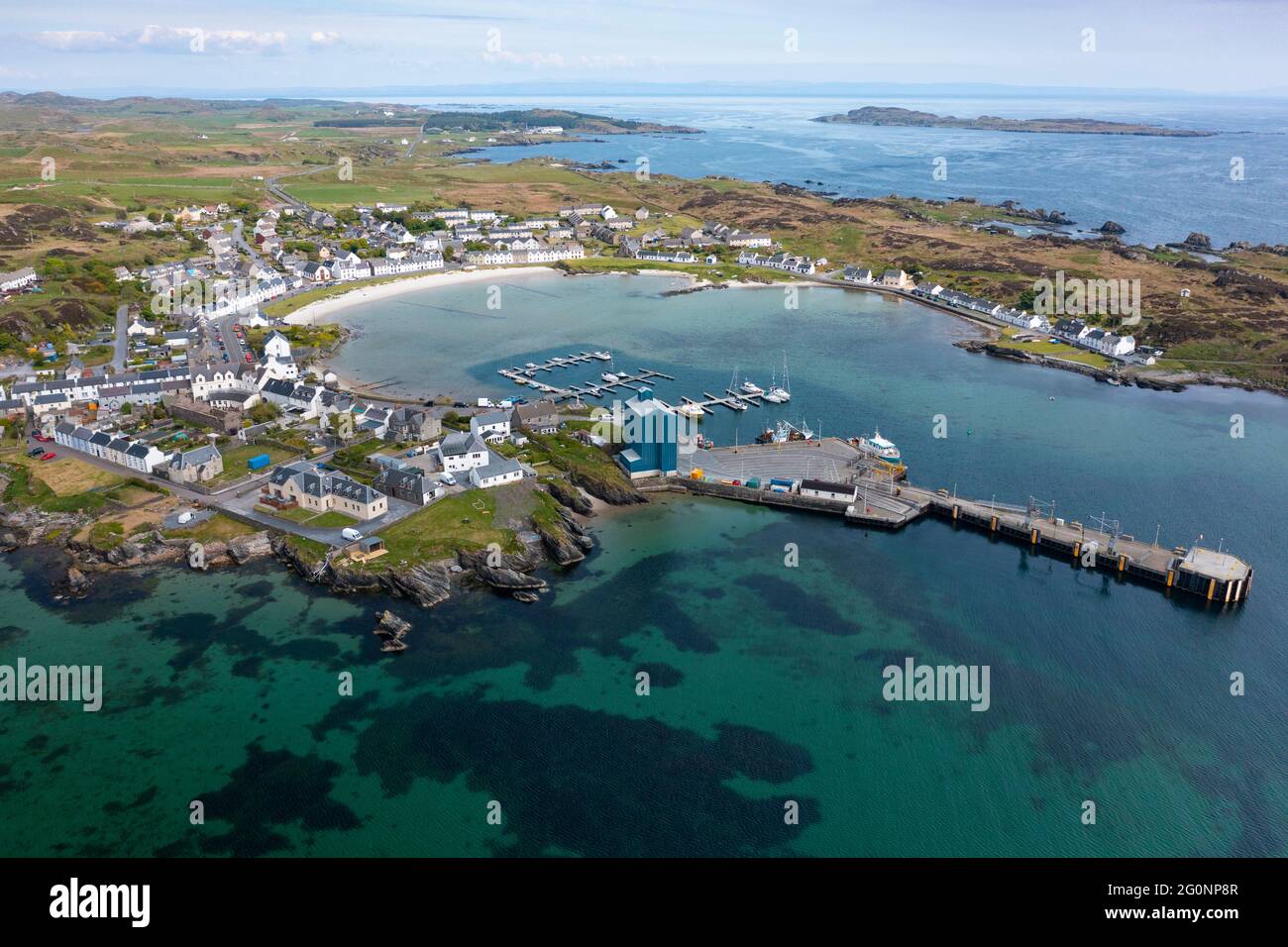 Aerial view of village of Port Ellen on Islay in Inner Hebrides ...
