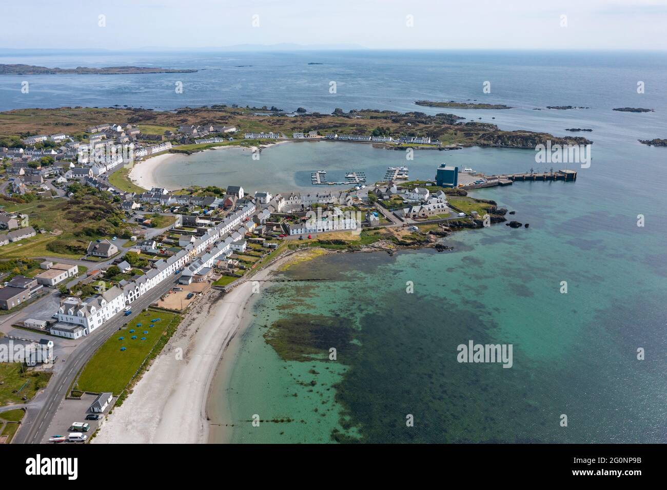 Aerial view of village of Port Ellen on Islay in Inner Hebrides ...