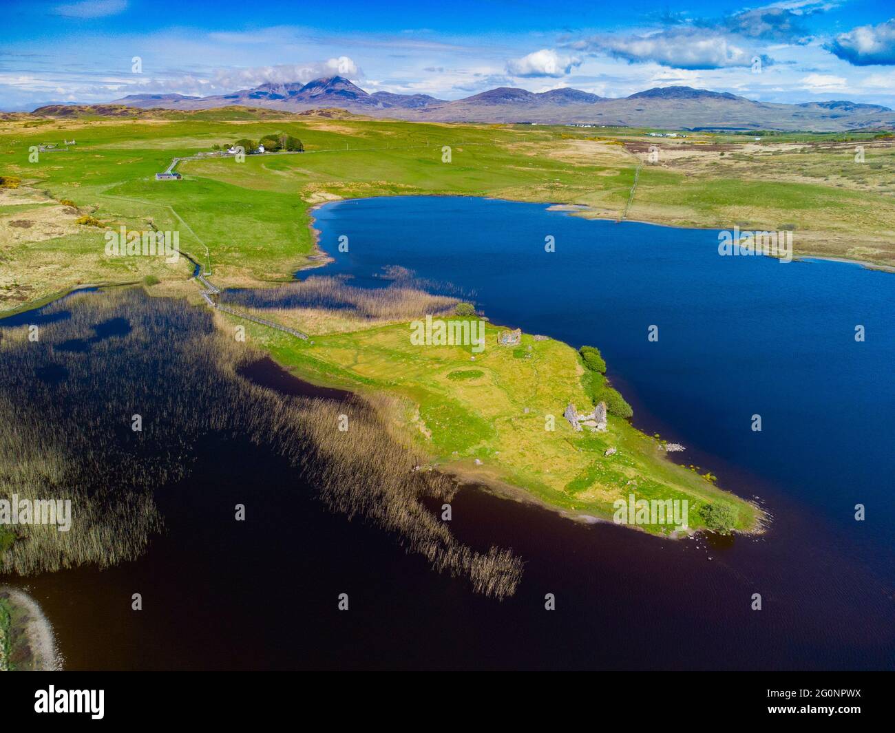 Aerial view form drone of Finlaggan historical monument site on Eilean ...