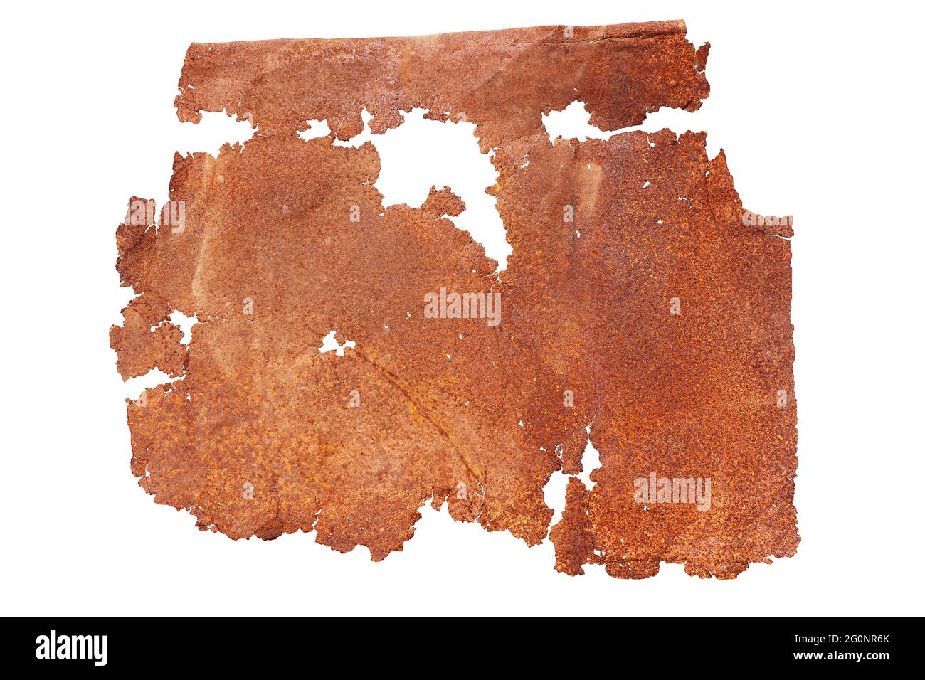 A very old piece of sheet metal, rusted through and through, with holes ...