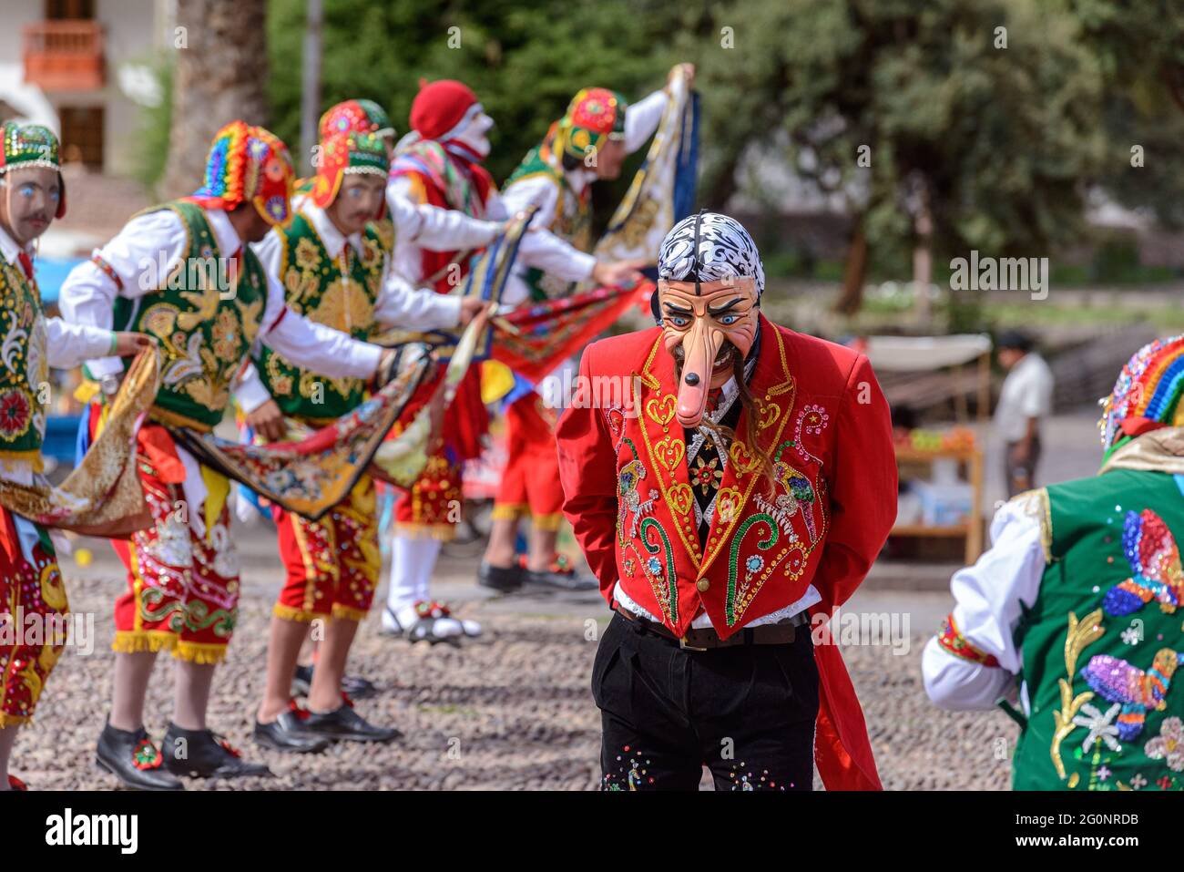 Peruvian folkloric dance, with colorful costumes in front of The Church ...