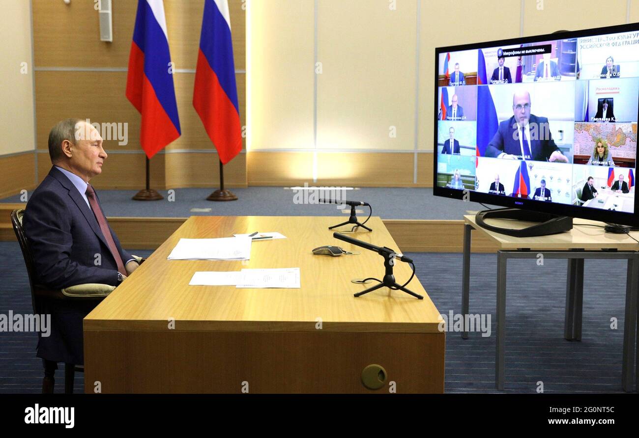Russian President Vladimir Putin hosts a video conference meeting with ...