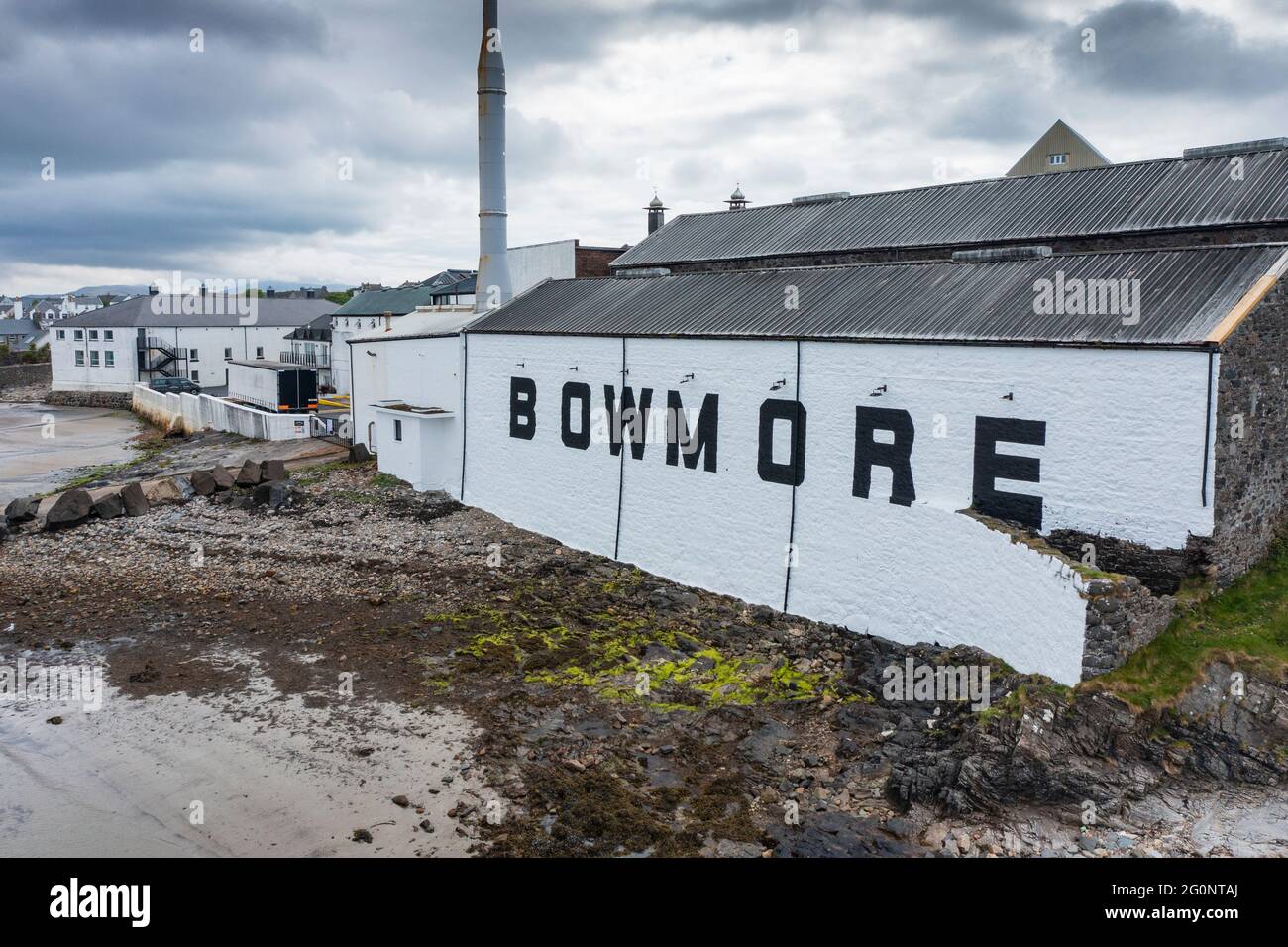 Aerial view from drone of Bowmore scotch whisky distillery in Bowmore ...