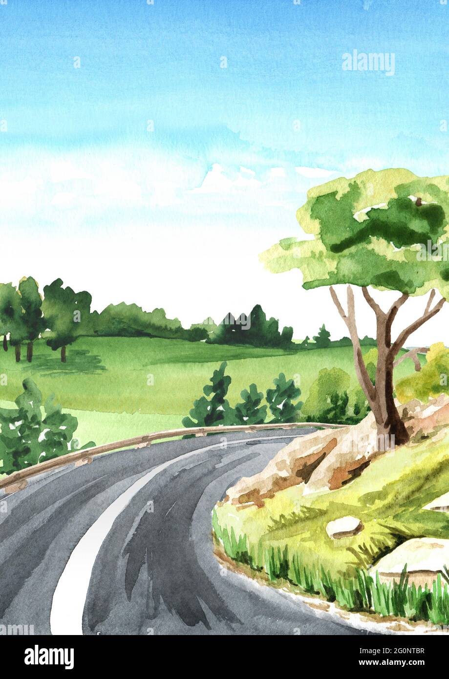 Road in the countryside. Trip concept with copy space. Hand-drawn ...