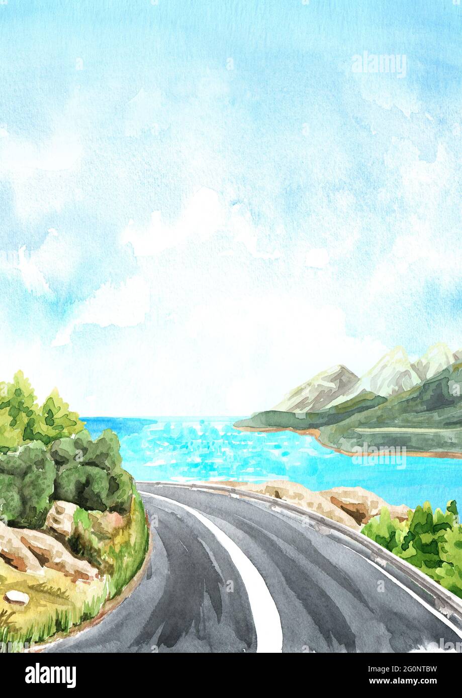 Coast road to the sea. Trip concept. Hand-drawn watercolor vertical ...