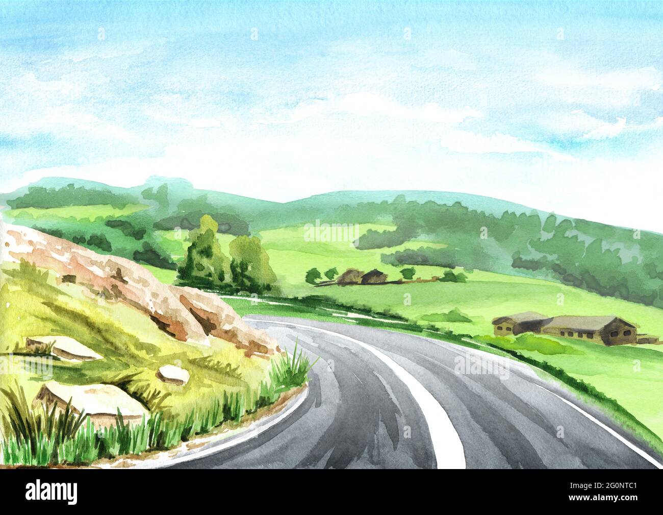 Road in the Alpen landscape. Trip concept. Hand-drawn watercolor ...