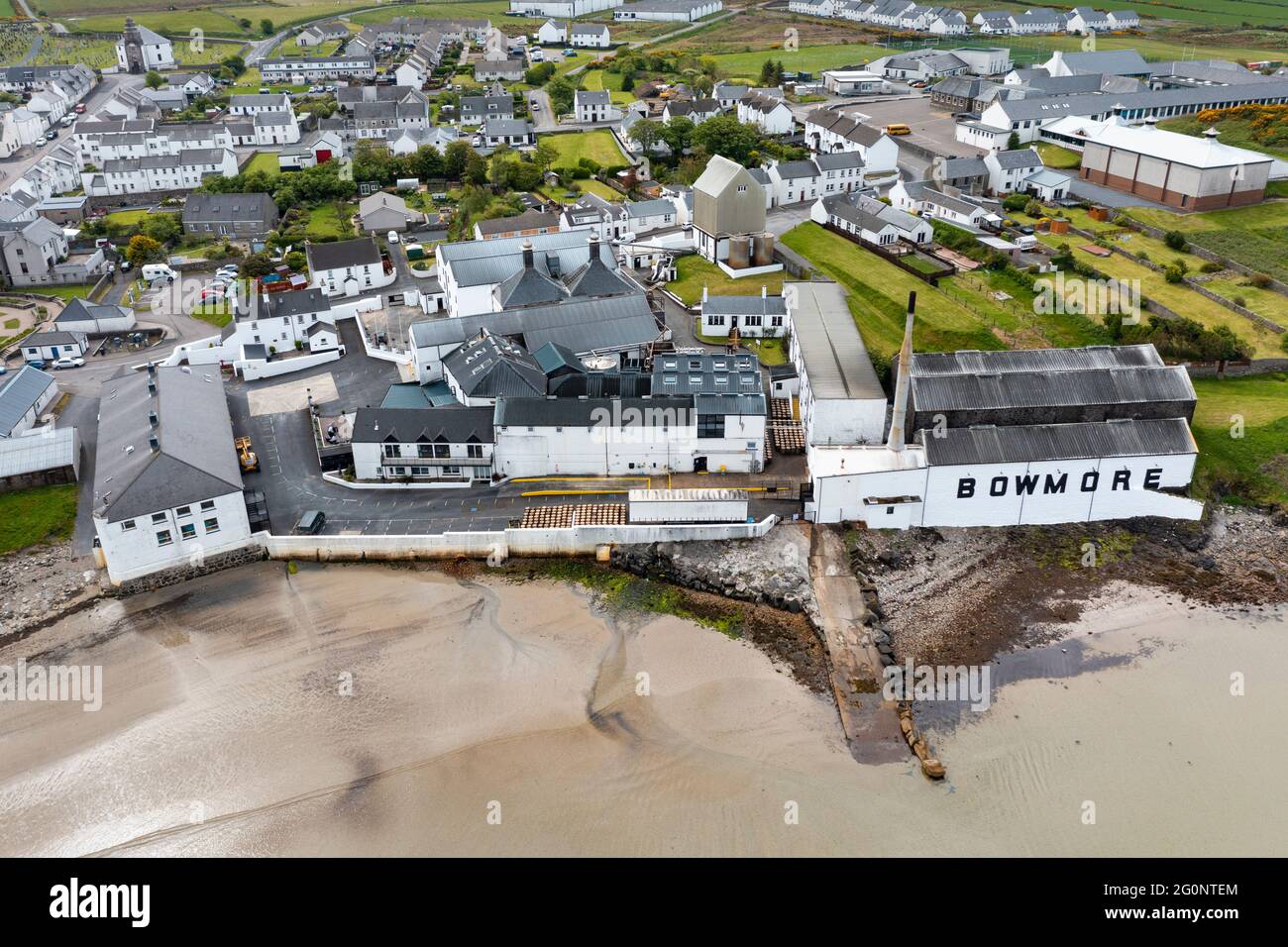 Aerial view from drone of Bowmore scotch whisky distillery in Bowmore ...