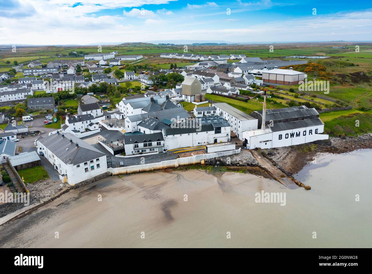 Aerial view from drone of Bowmore scotch whisky distillery in Bowmore ...