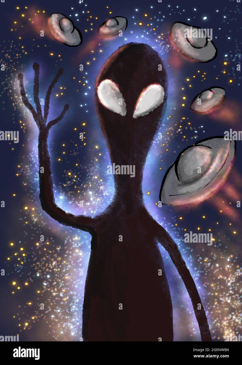 a waving alien surrounded by UFOs Stock Photo - Alamy