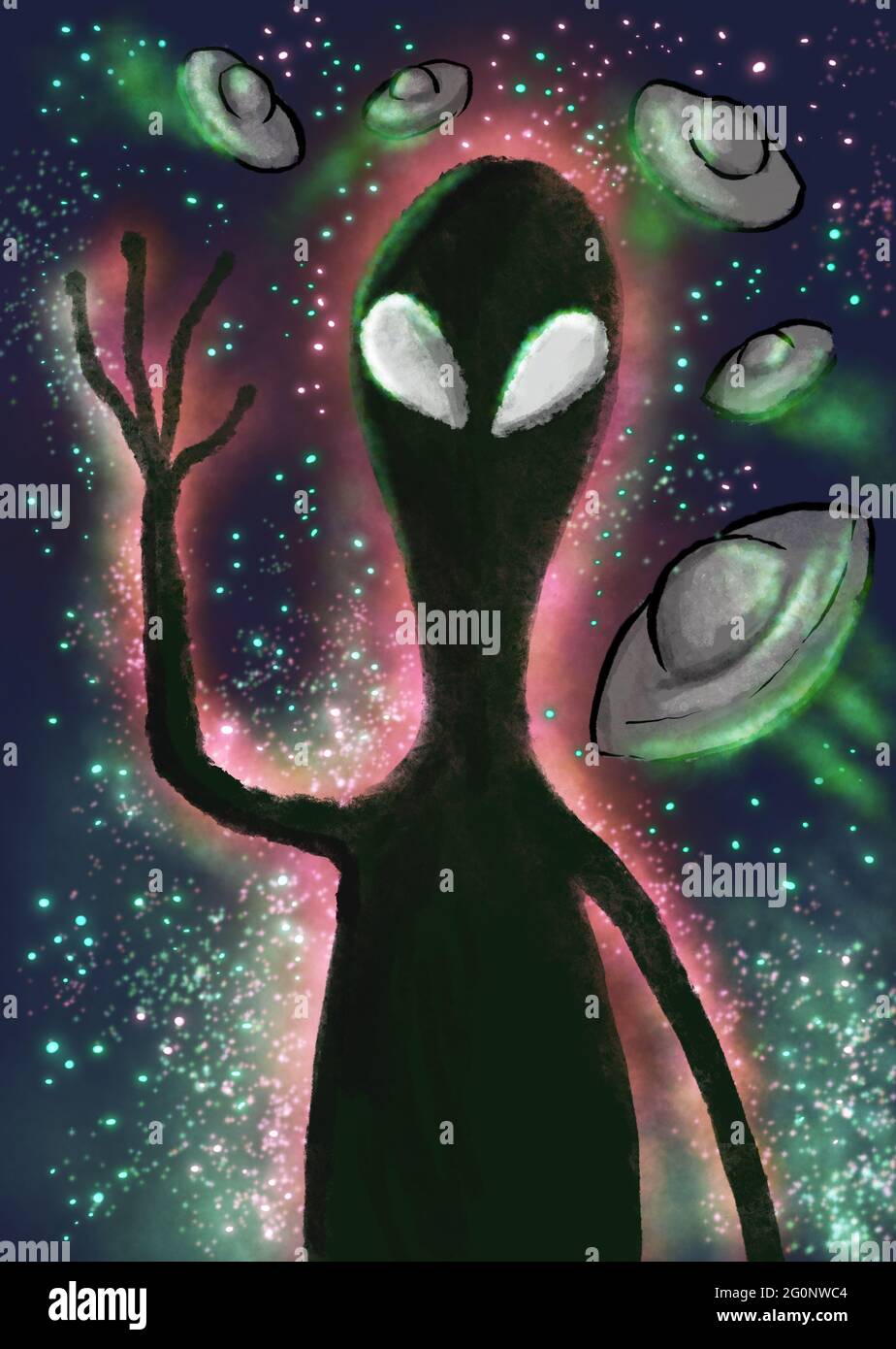 a waving alien surrounded by UFOs Stock Photo - Alamy