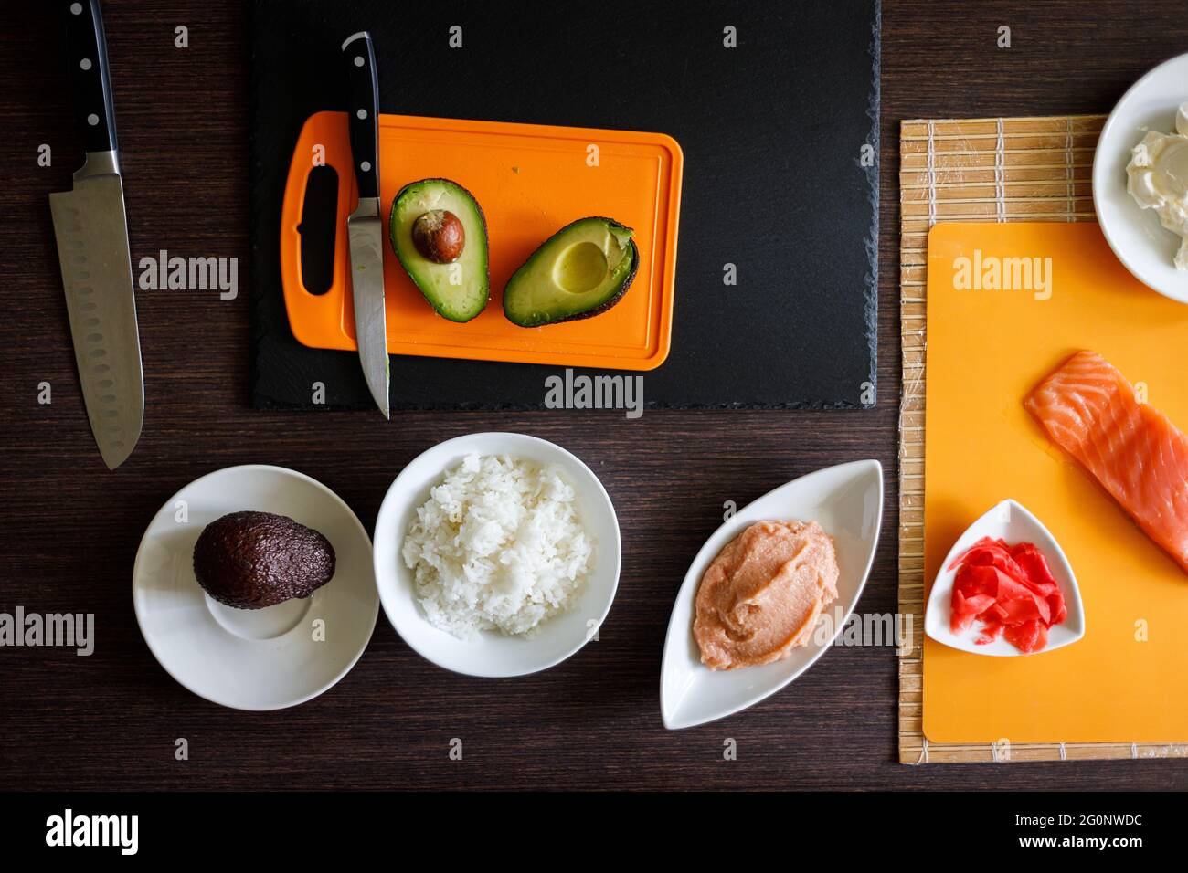 Preparing sushi. Top view of sushi ingredients Stock Photo - Alamy