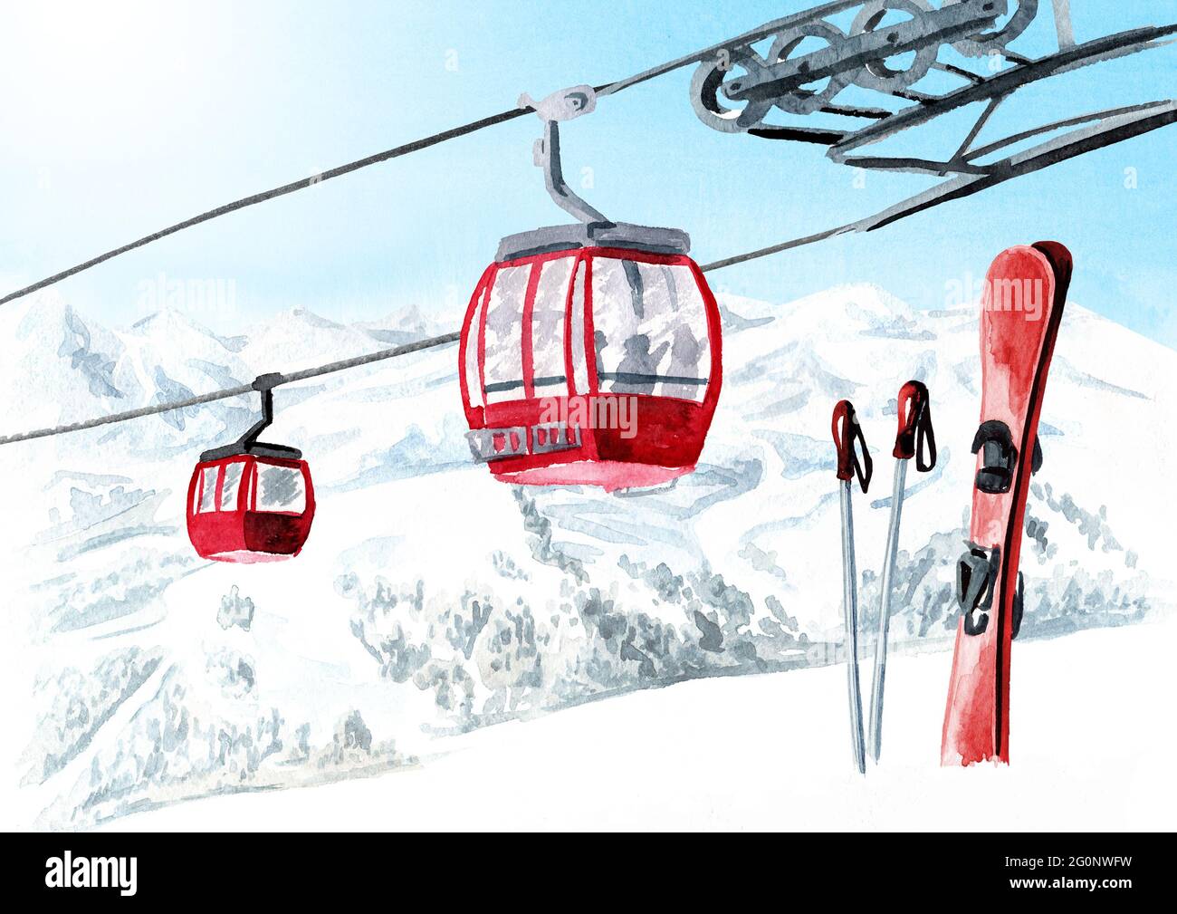 Cableway, funicular in the ski mountain resort, winter recreation and ...
