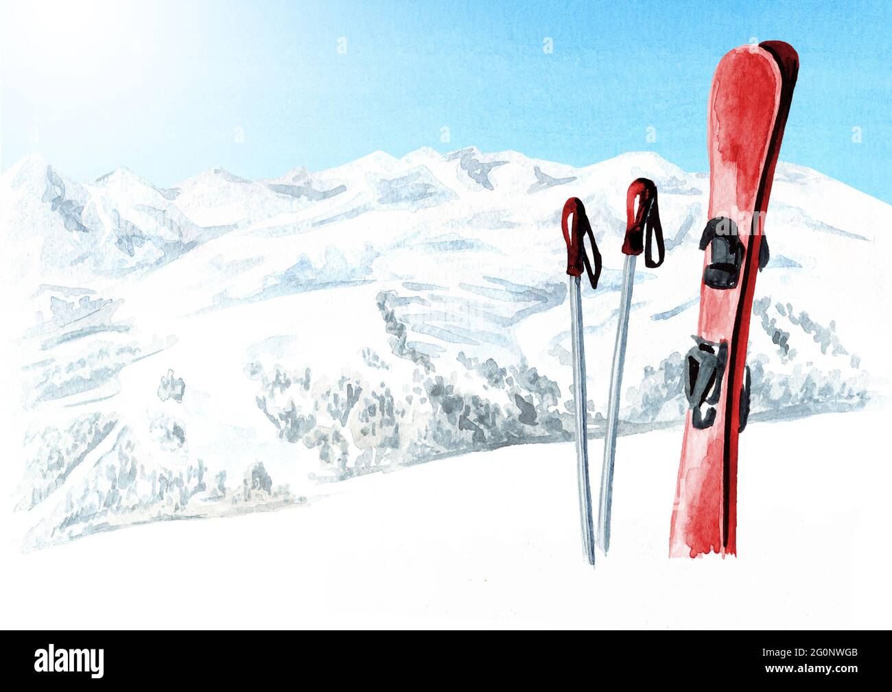 Ski accessories, poles and a pair of skis against a mountain landscape ...