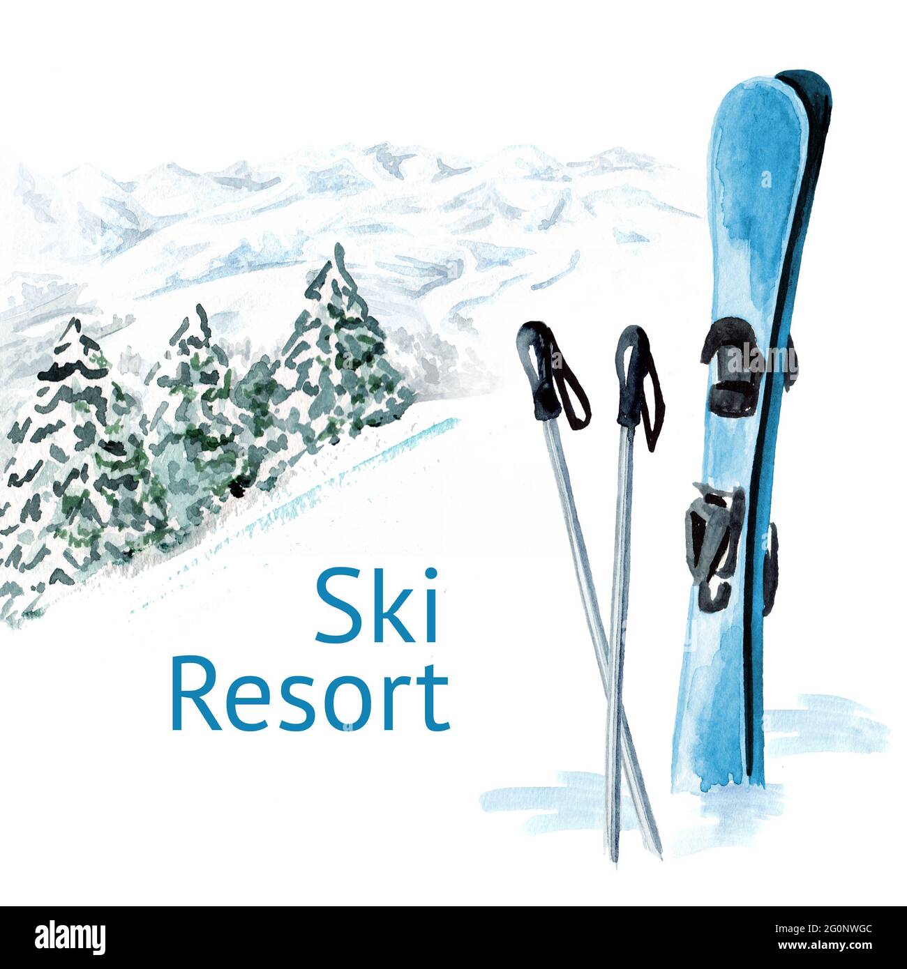 Ski accessories, poles and a pair of skis against a mountain landscape ...