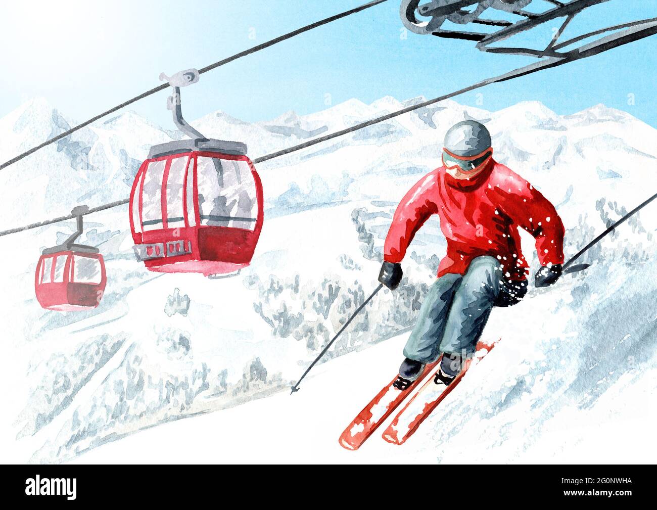 Skier against funicular in the ski mountain resort, winter recreation ...