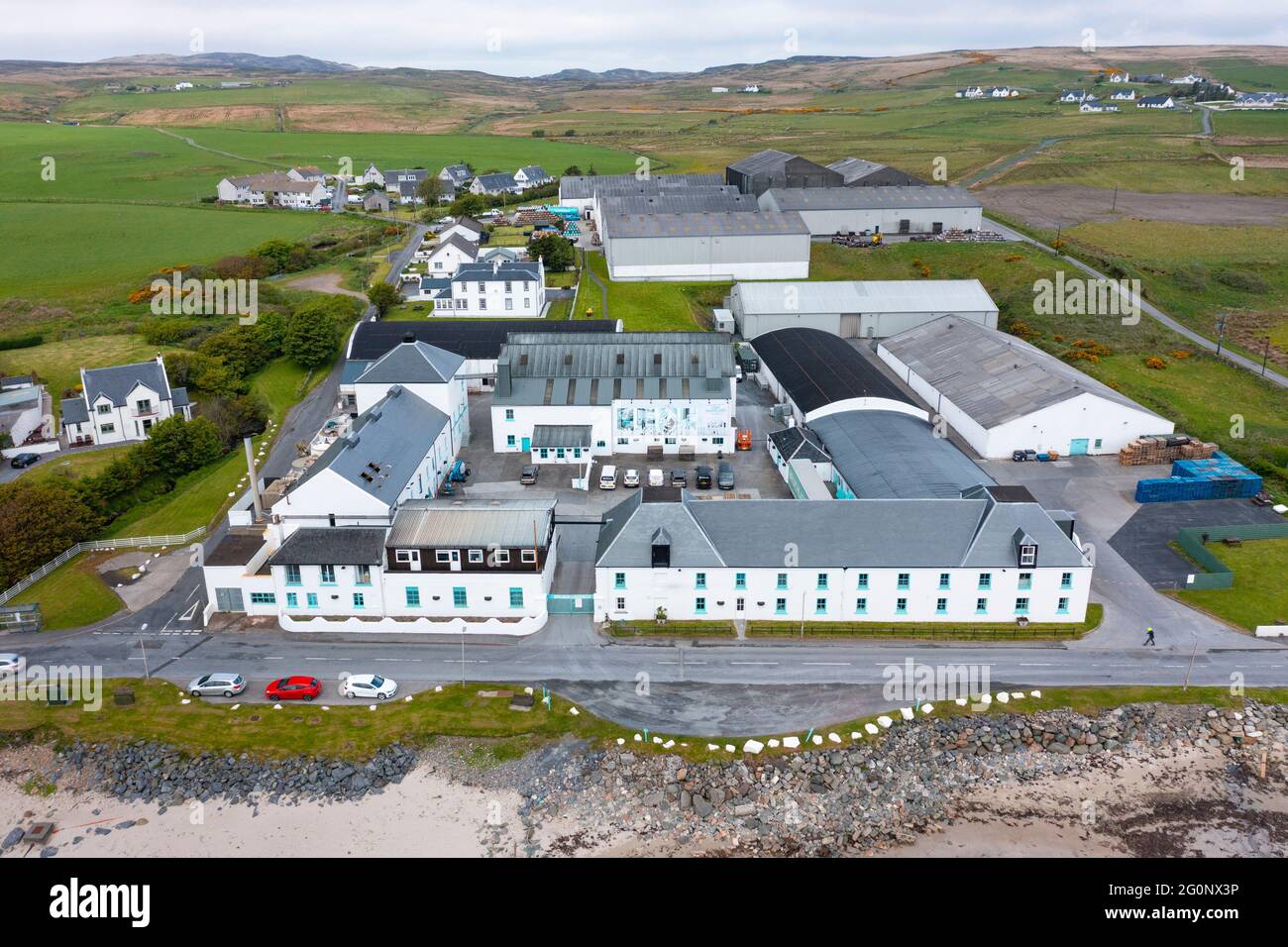 Aerial view from drone of Bruichladdich scotch whisky distillery on ...