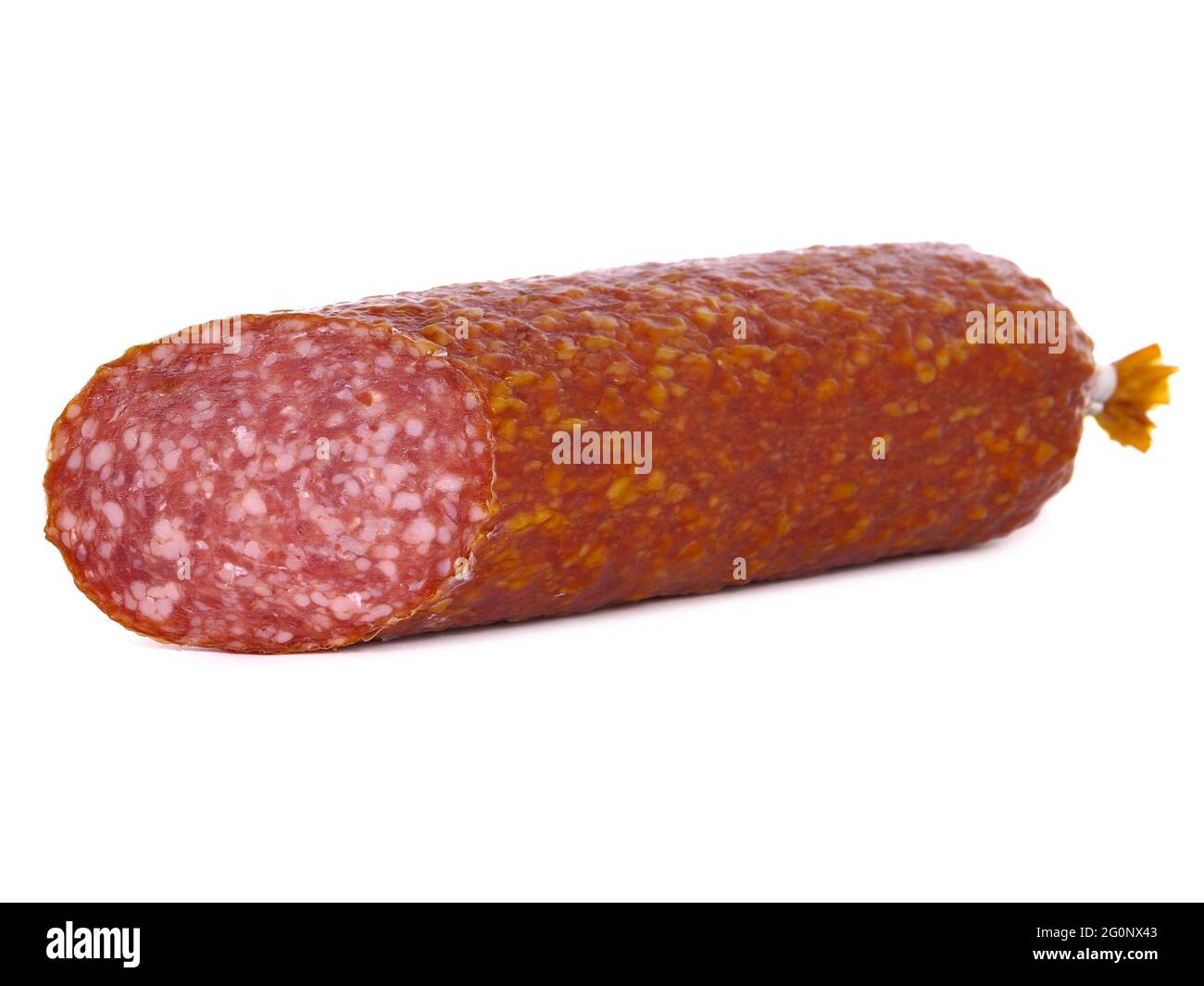 Dry and smoked salami stick isolated on white Stock Photo - Alamy