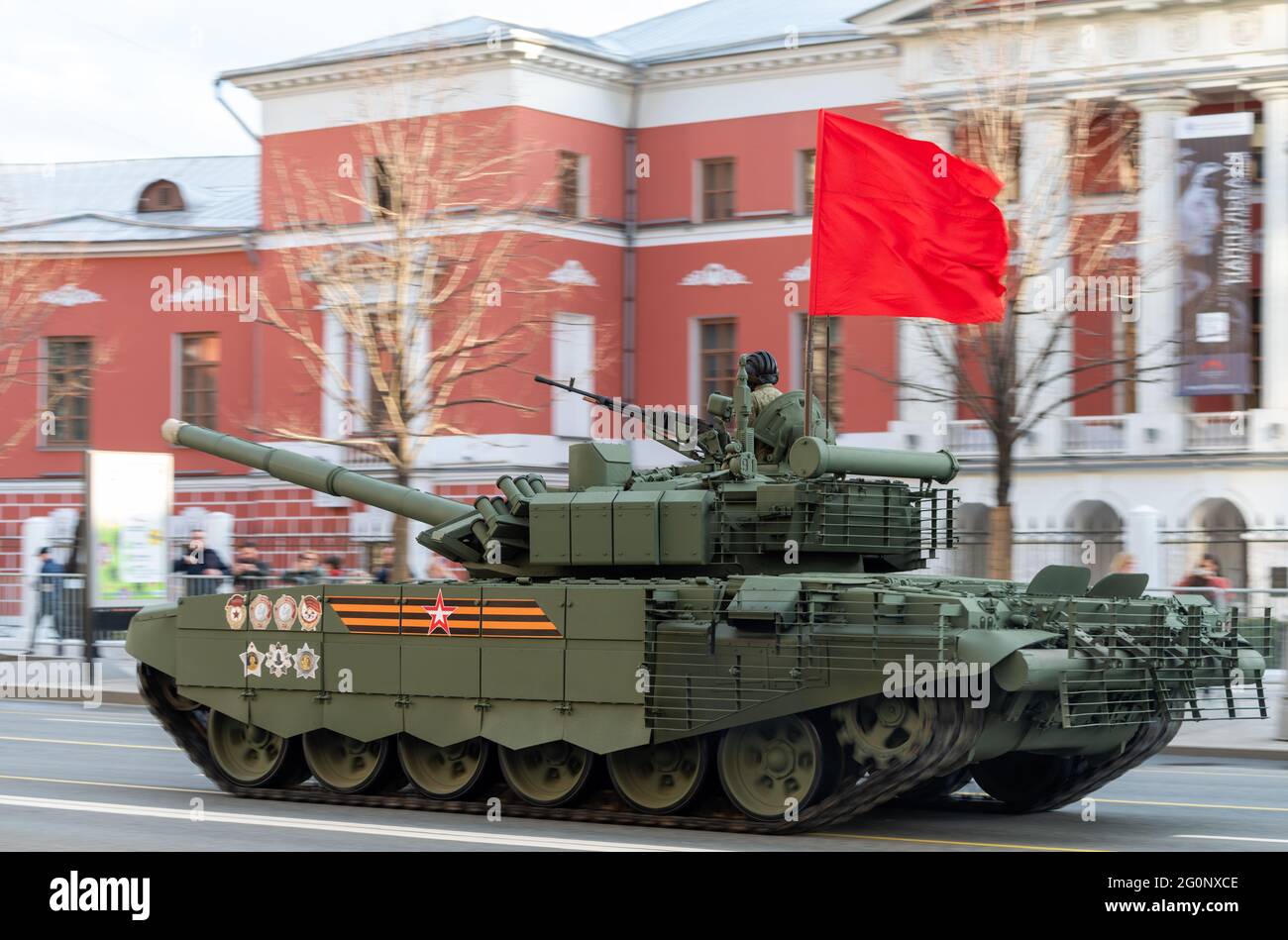 April 30, 2021 Moscow, Russia. Russian T-72B3 main battle tank on Tverskaya Street in Moscow ...