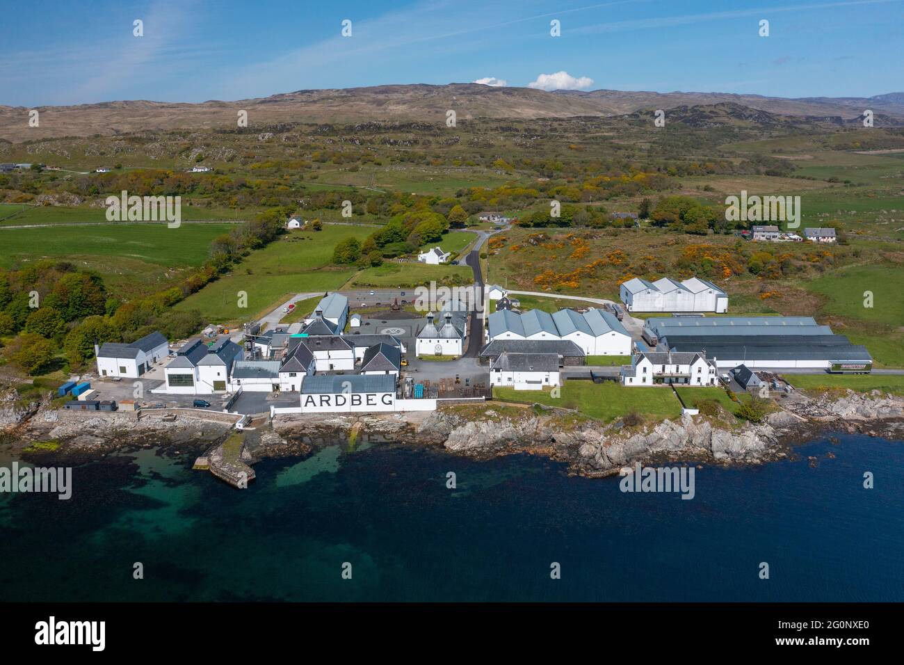 Aerial view from drone of Ardbeg scotch whisky distillery at Kildalton ...