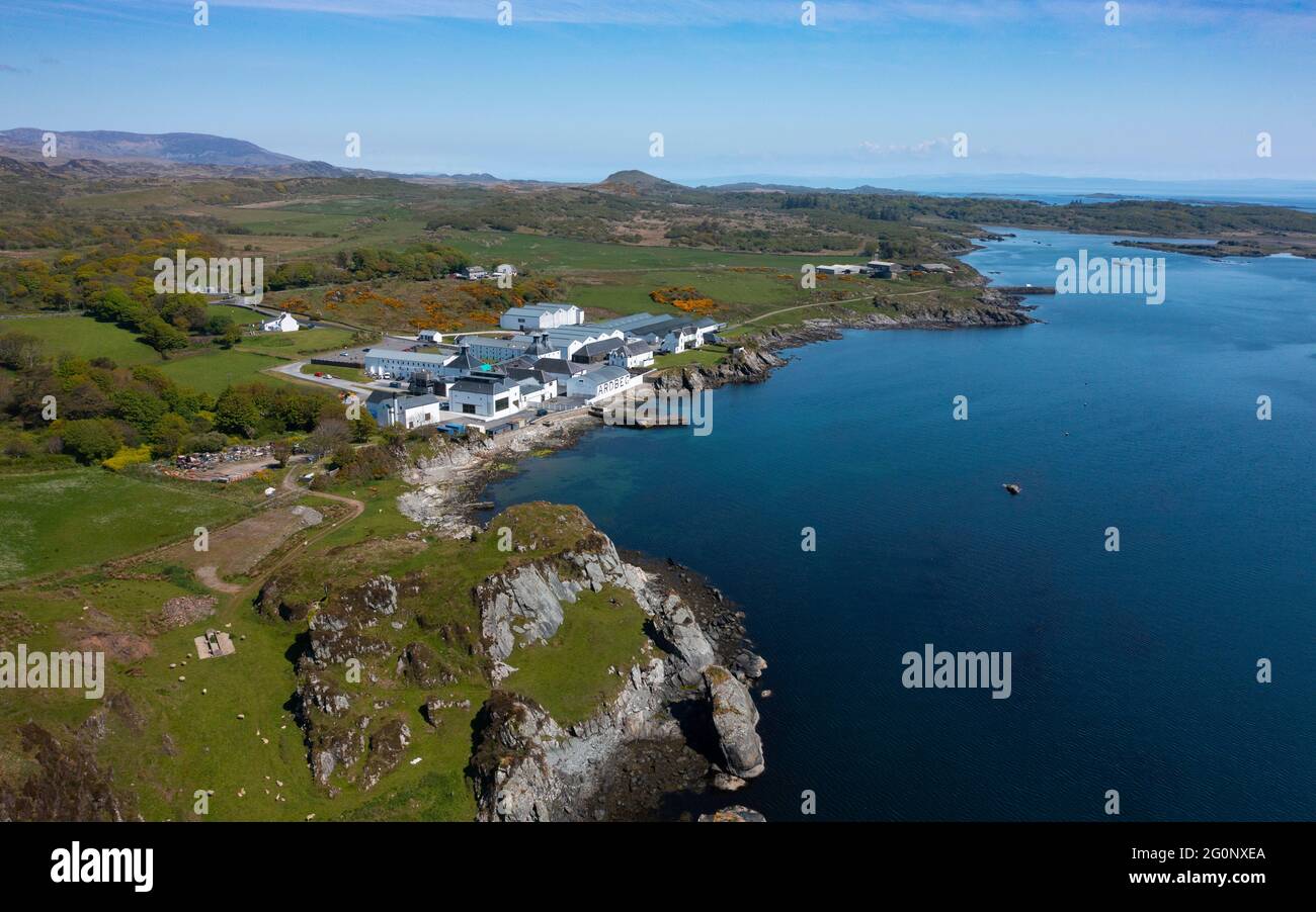 Aerial view from drone of Ardbeg scotch whisky distillery at Kildalton ...
