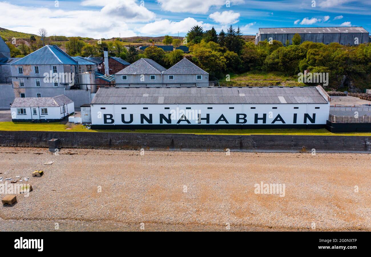 Aerial view from drone of Bunnahabhain scotch whisky distillery of ...