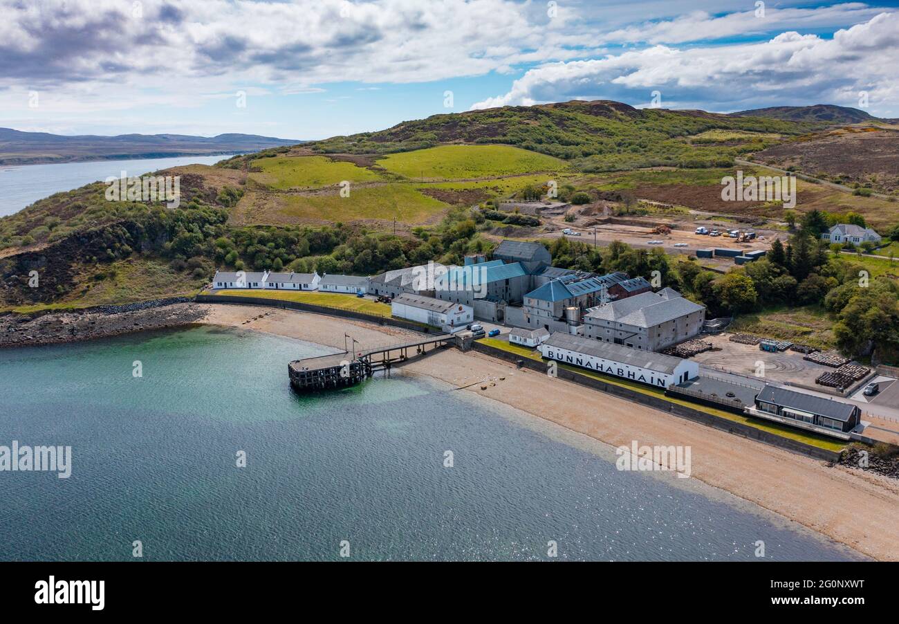 Aerial view from drone of Bunnahabhain scotch whisky distillery of ...