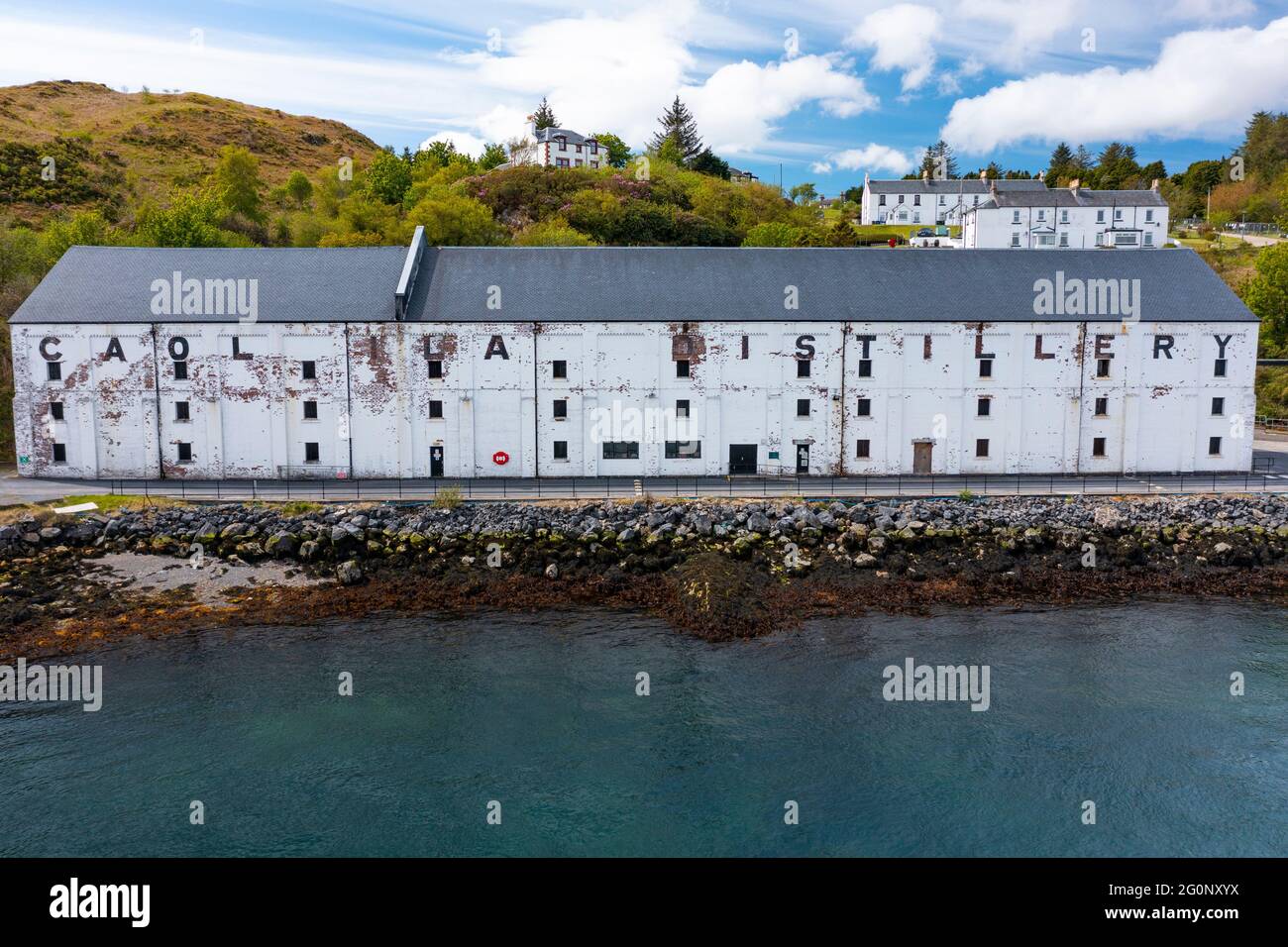 Aerial view from drone of Caol Ila scotch whisky distillery on Islay ...