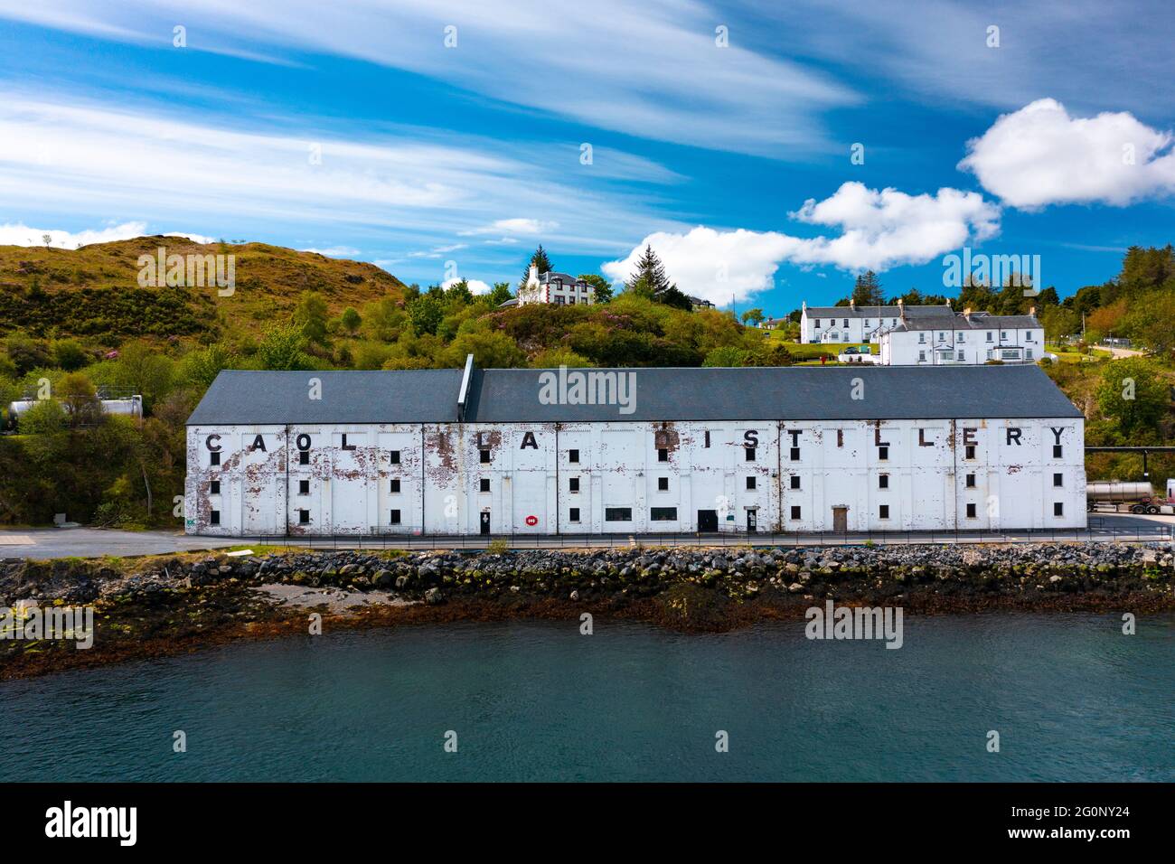 Aerial view from drone of Caol Ila scotch whisky distillery on Islay ...
