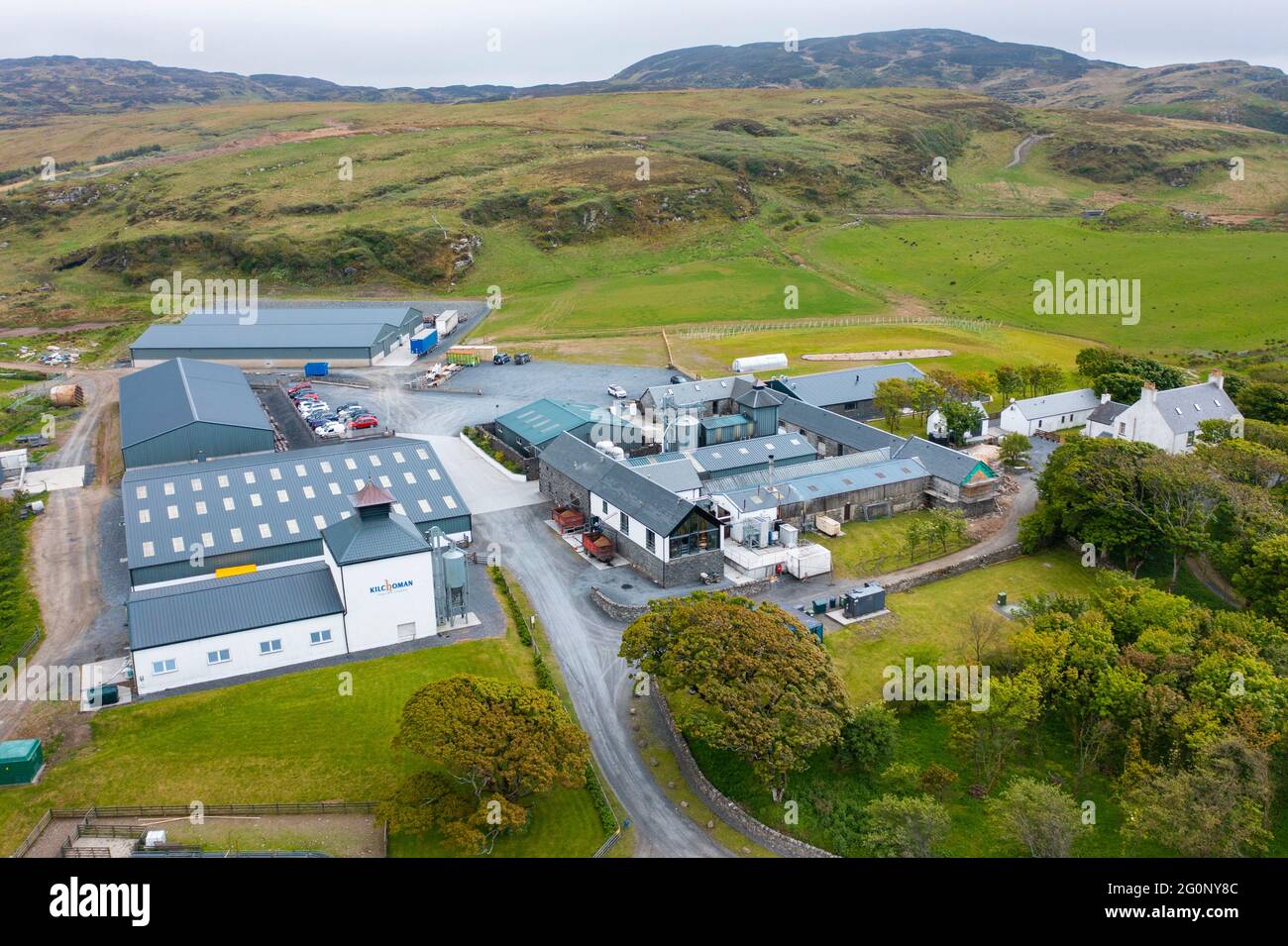 Aerial view from drone of Kilchoman scotch whisky distillery on Islay ...