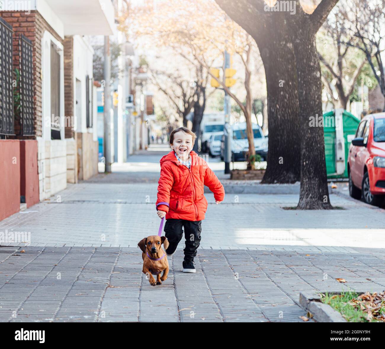 Happy little boy running with his dachshund dog on a city sidewalk ...
