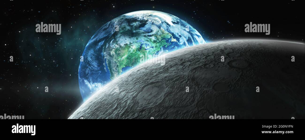 Planet earth hiding behind the moon. 3D rendering concept from outer ...